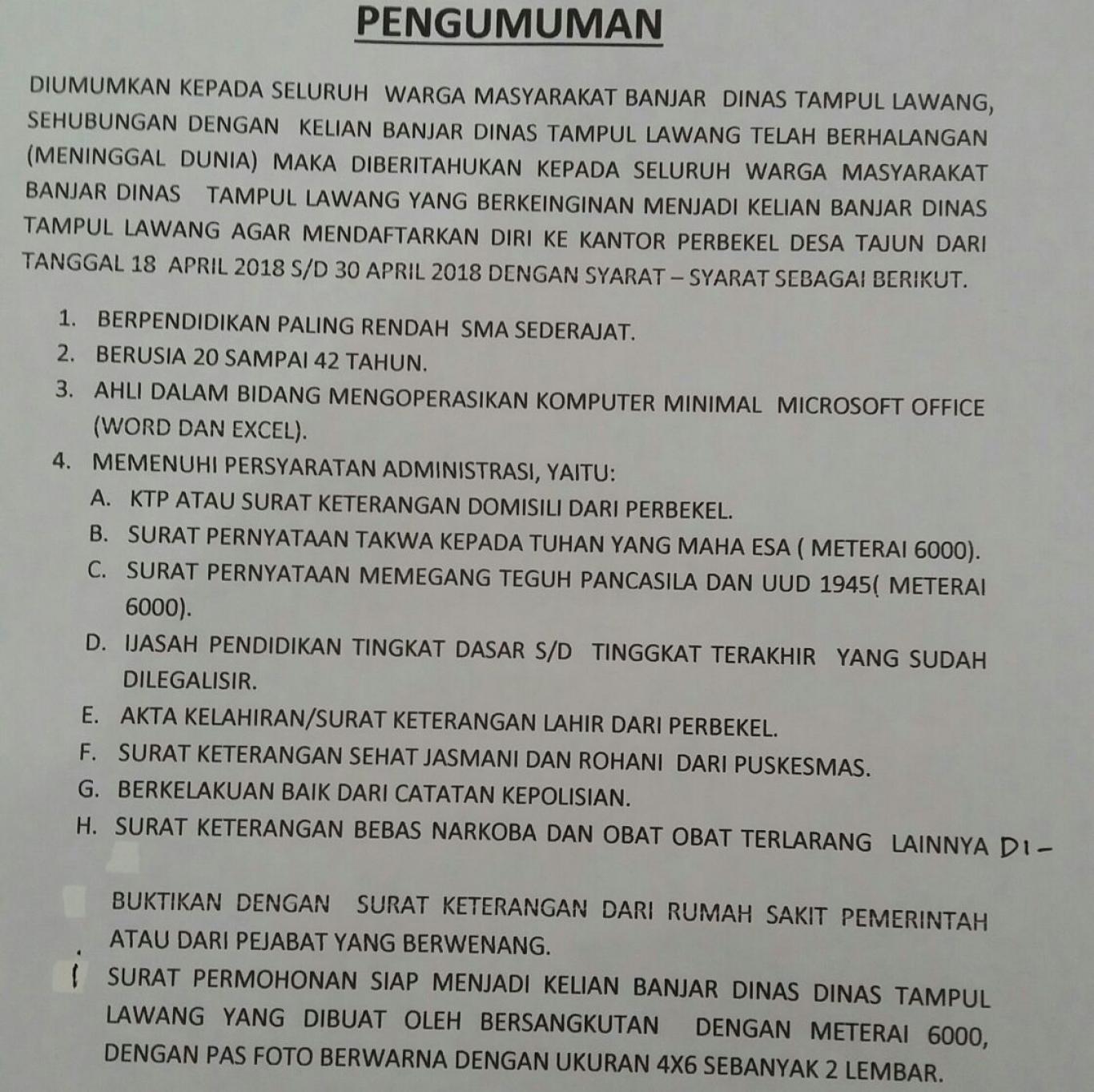 Pengumuman Perekrutan Kelian Banjar Dinas Tampul Lawang - Website Desa ...